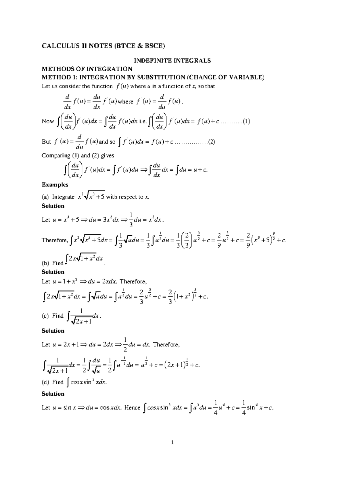 Calculus II ( Indefinite Integrals) Notes (BSCE-BTCE2025) - CALCULUS II ...