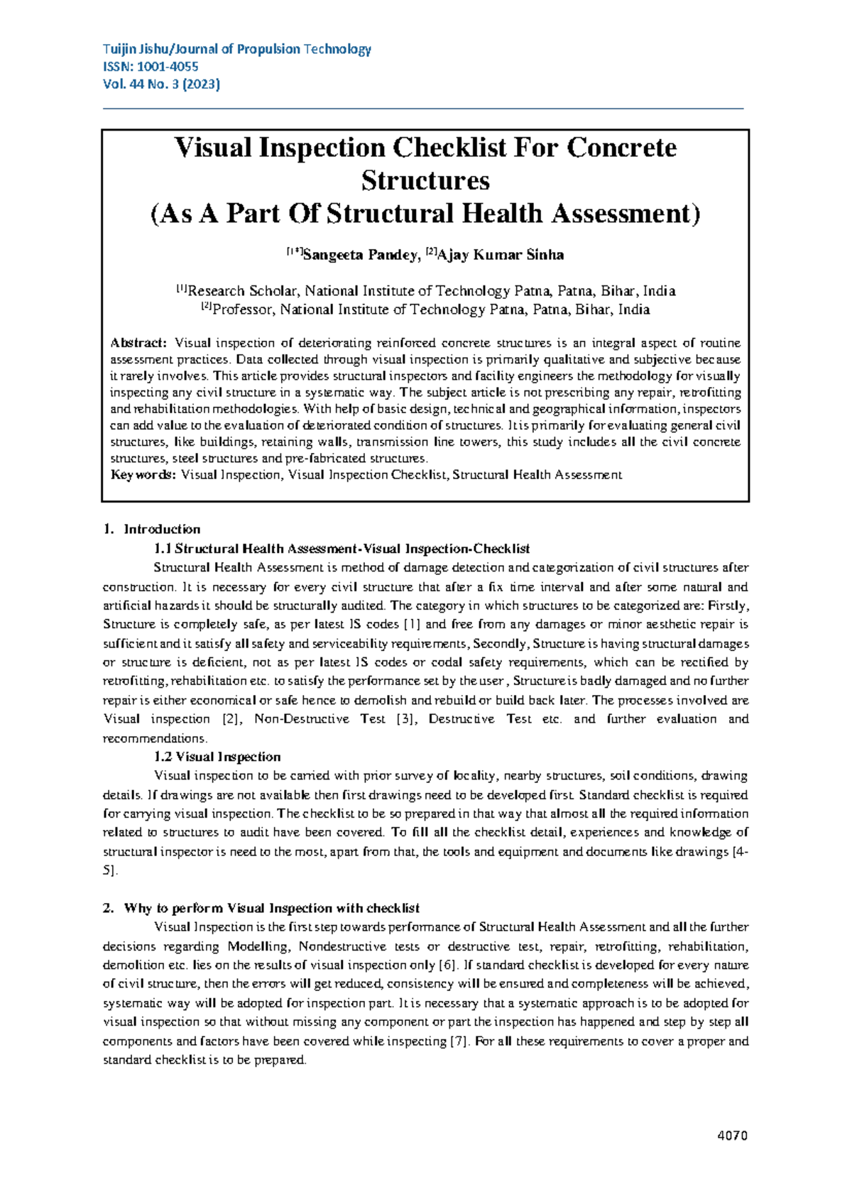 Visual Inspection Checklist for Structural Health Assessment (CIV 101 ...