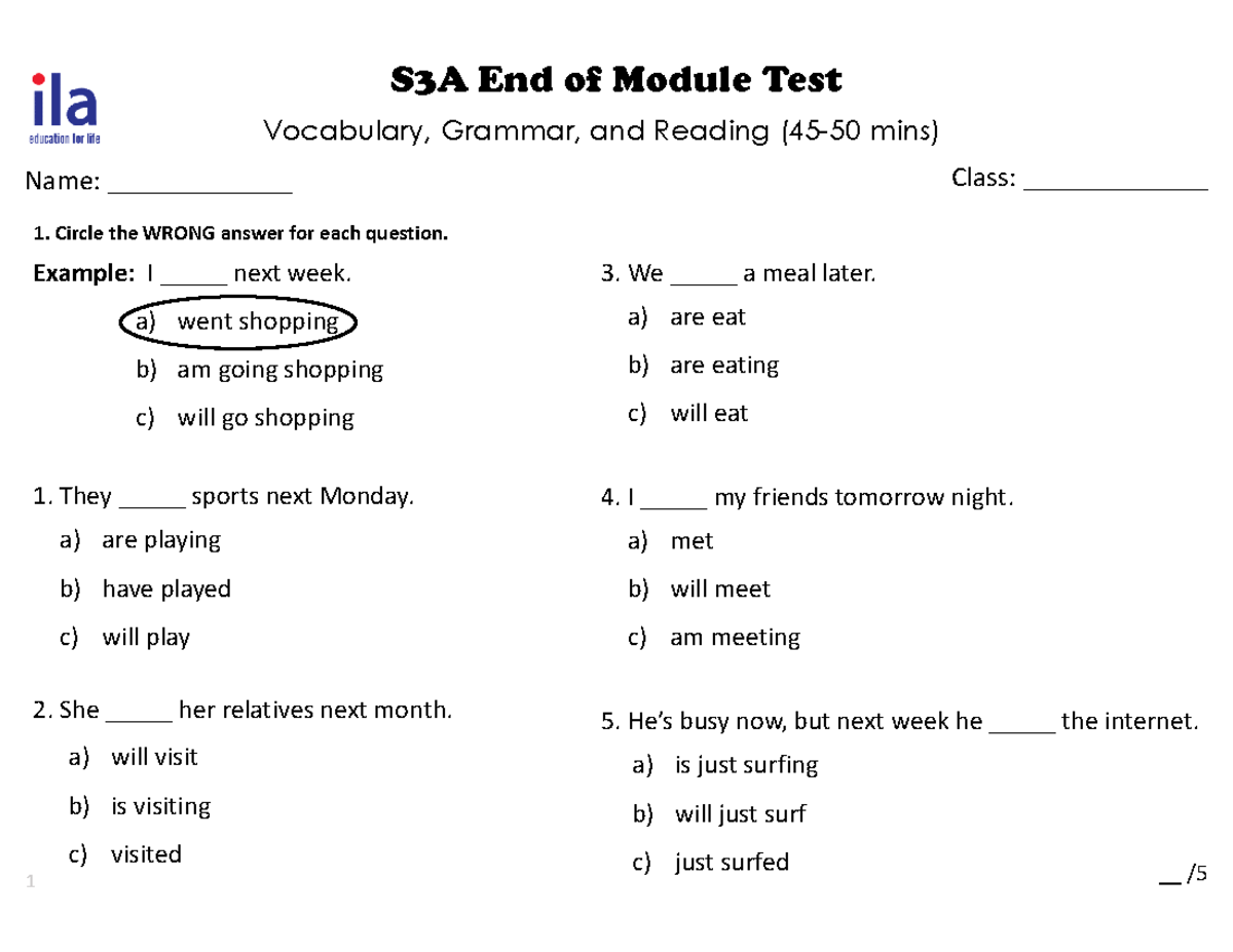 S3A End of Module Test: Vocabulary, Grammar, and Reading - Studocu