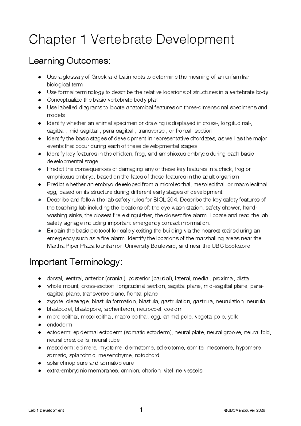BIOL 204 Lab Manual: Chapter 1 - Vertebrate Development Overview 2026 ...
