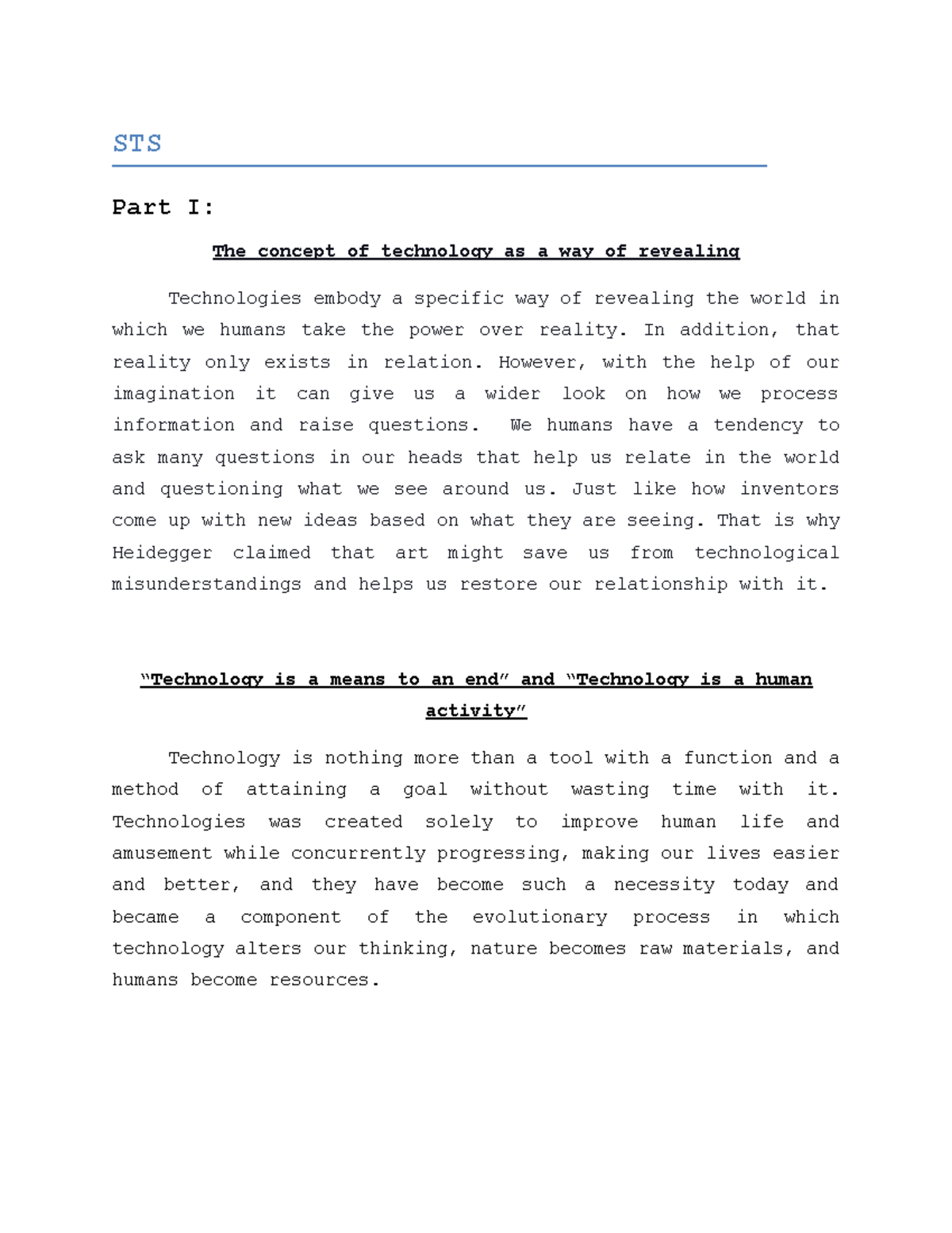 STS Midterm-summary - STS Part I: The concept of technology as a way of ...