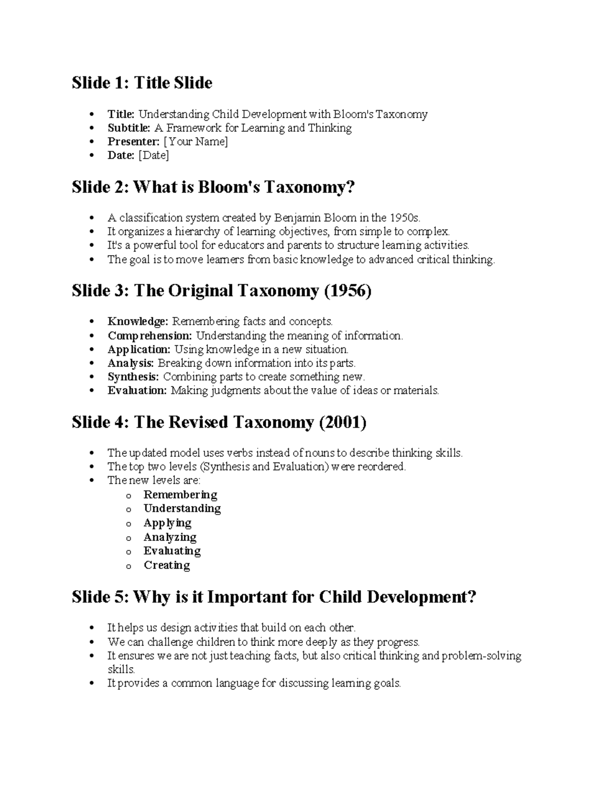 Understanding Child Development: Bloom's Taxonomy Framework - Studocu