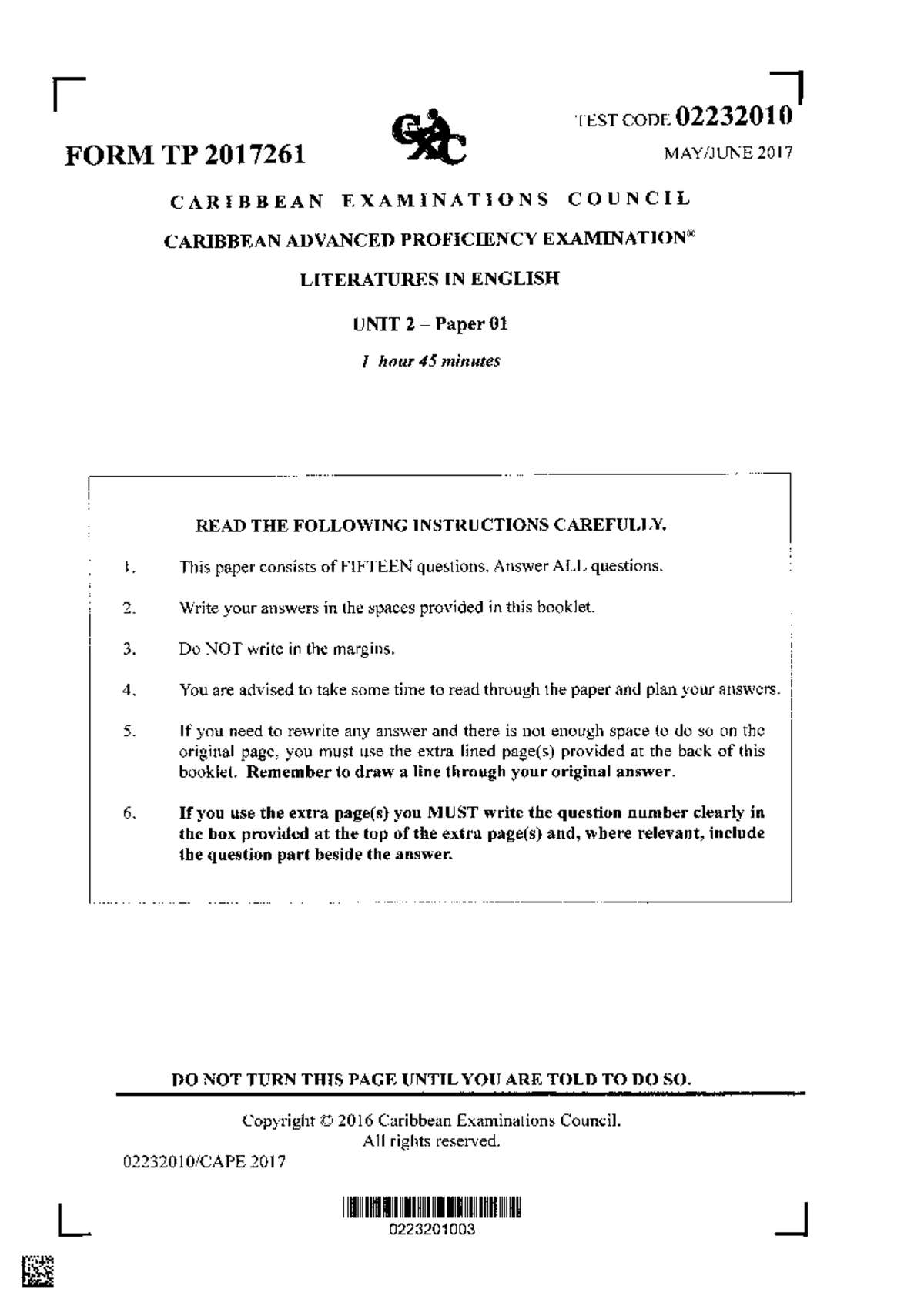 CAPE Literatures in English 2017 Unit 2 Paper 1 Exam - Studocu