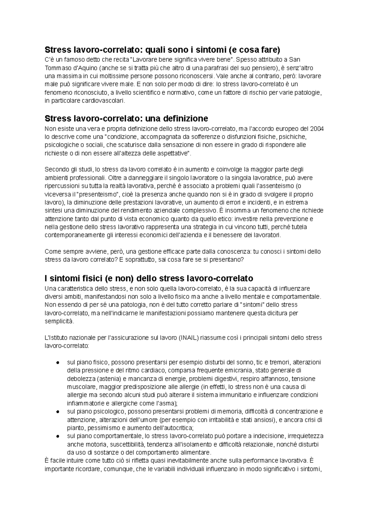SLC - Sintomi e Gestione dello Stress Lavorativo - Studocu