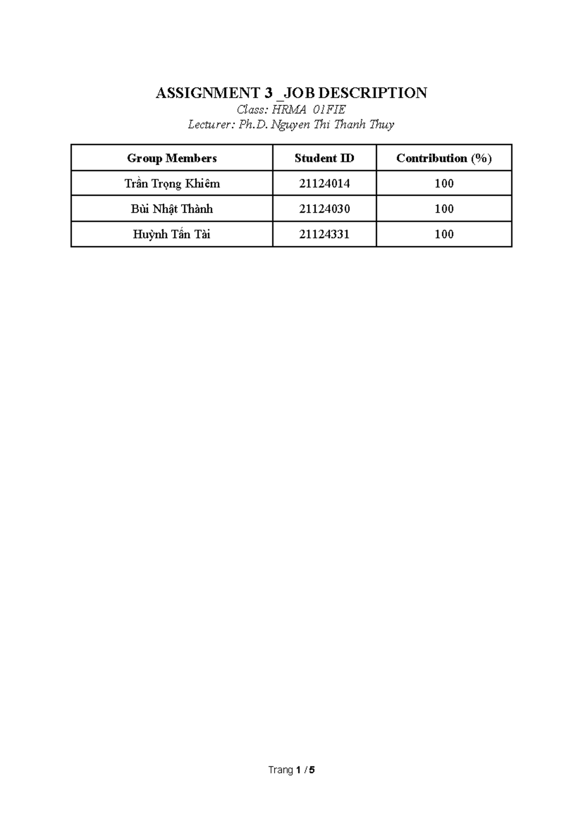 HRM Assignment 3 Job Analysis - ASSIGNMENT 3 _JOB DESCRIPTION Class ...