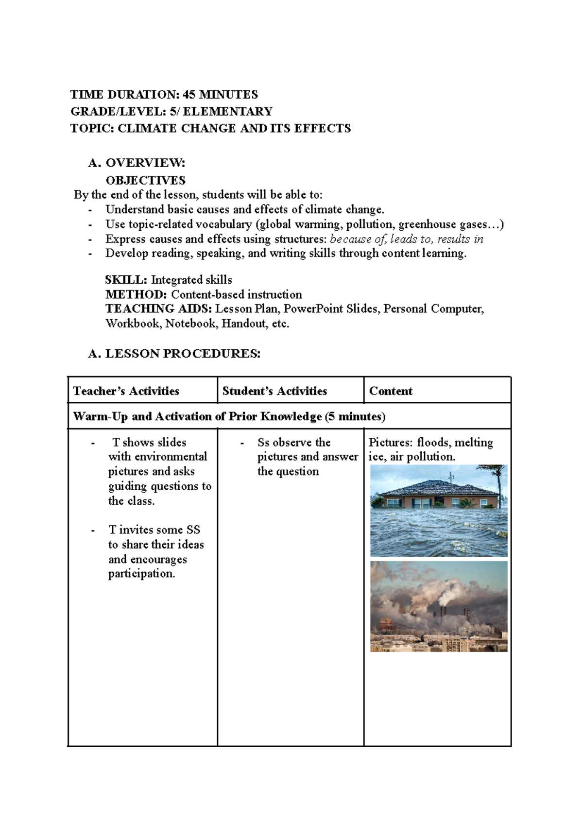 CBI Lesson Plan: Climate Change Effects - 45 Min Overview - Studocu