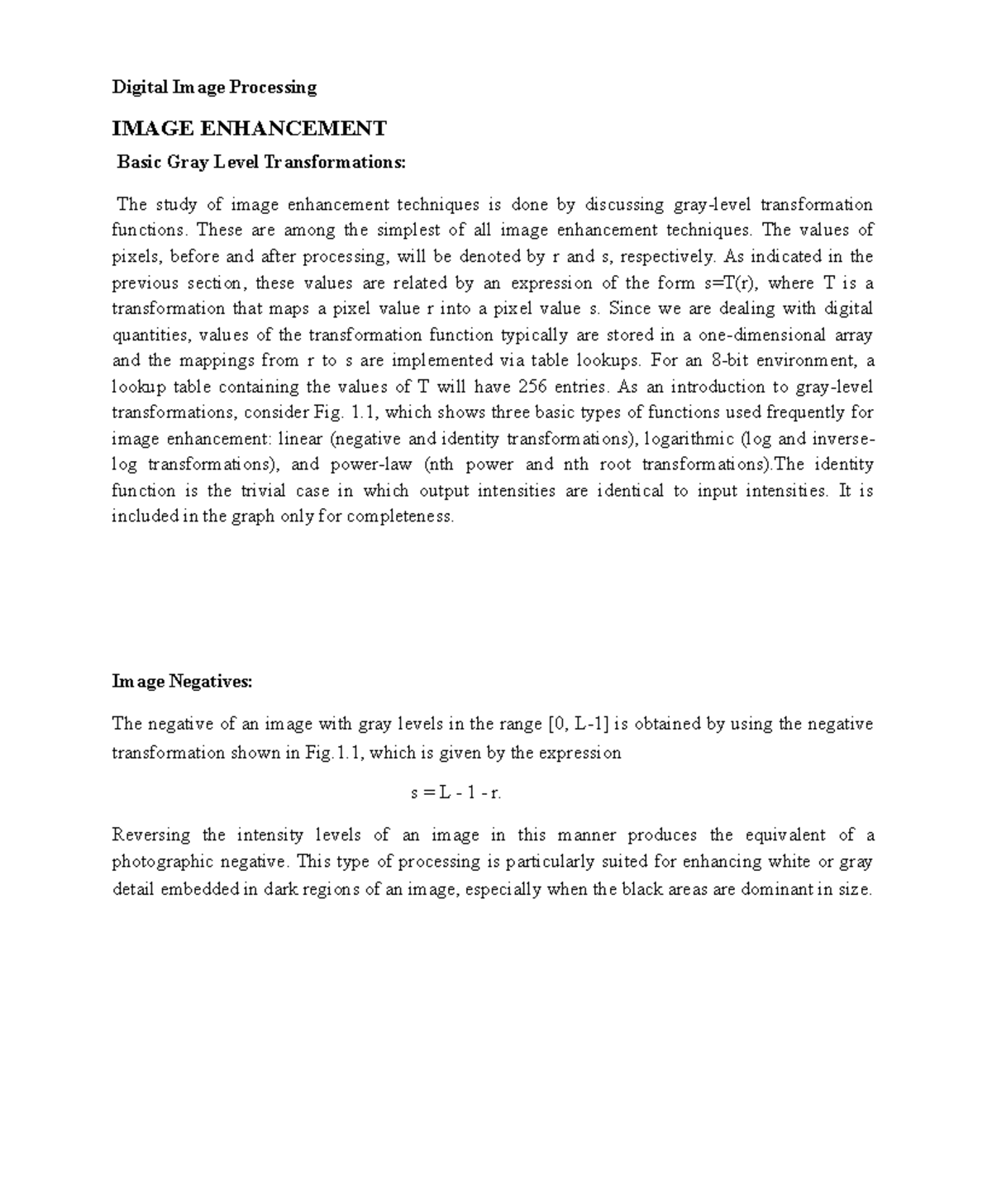 Unit-2 - IMAGE ENHANCEMENT Basic Gray Level Transformations: The study ...