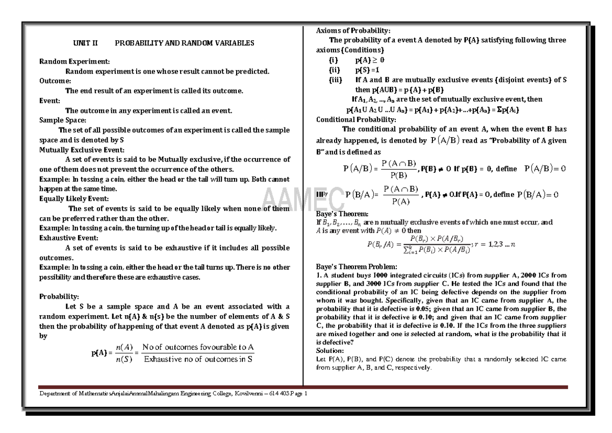 MA4151 - Unit 2 - Applied Probability & Stats: Key Concepts & Notes ...