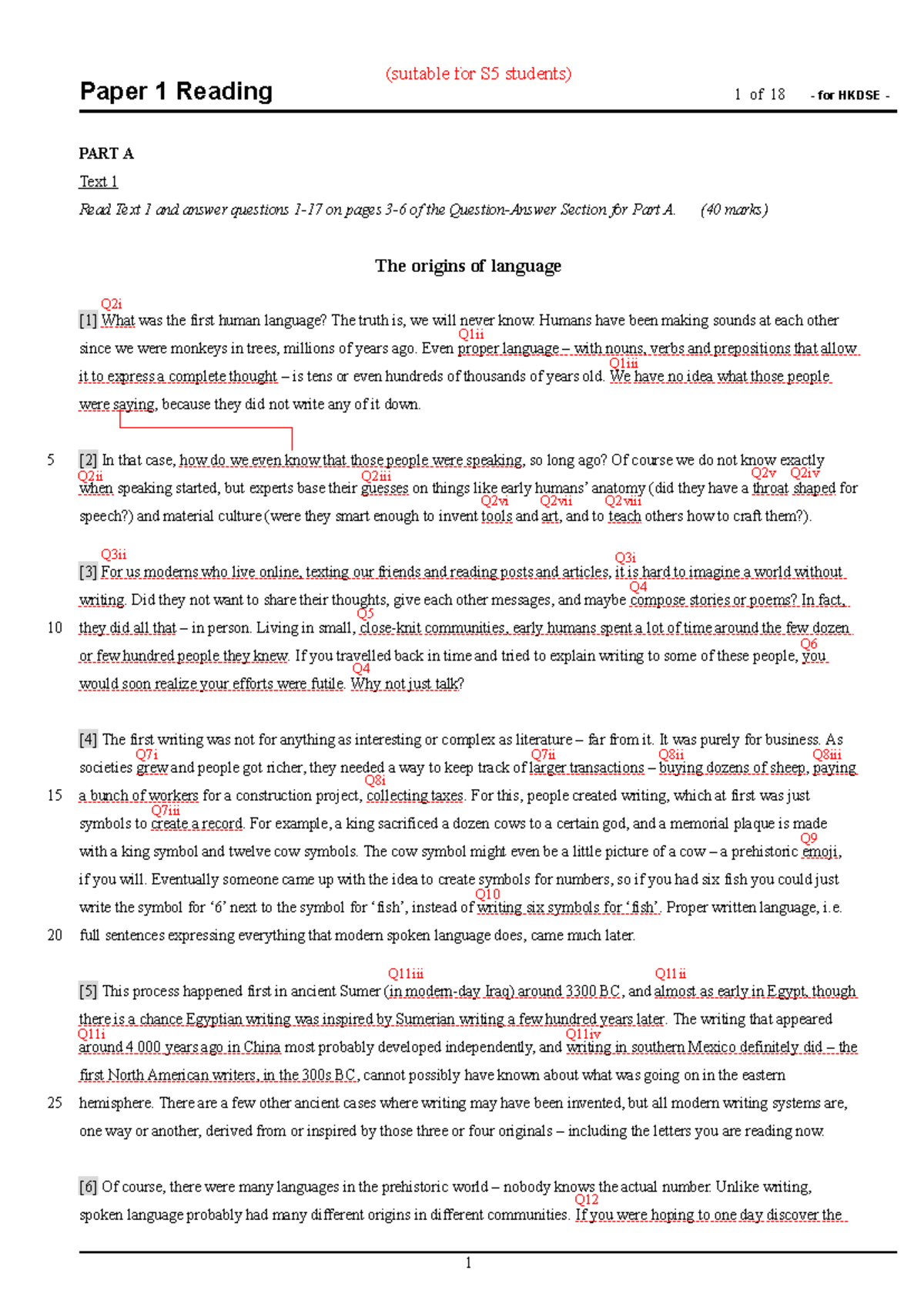 Eng Paper 1 Reading Exam Set 2: Language Origins and Disorders - Studocu