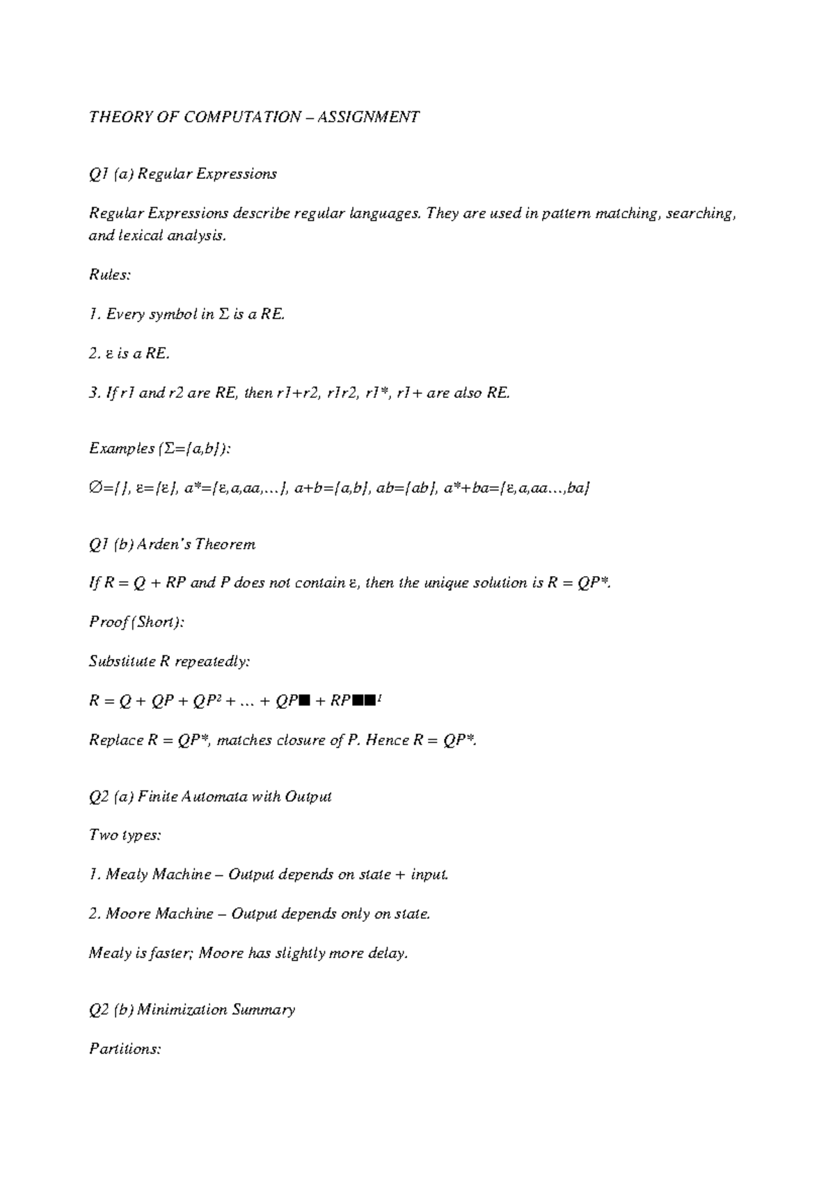 TOC Assignment: Regular Expressions & Finite Automata Overview - Studocu