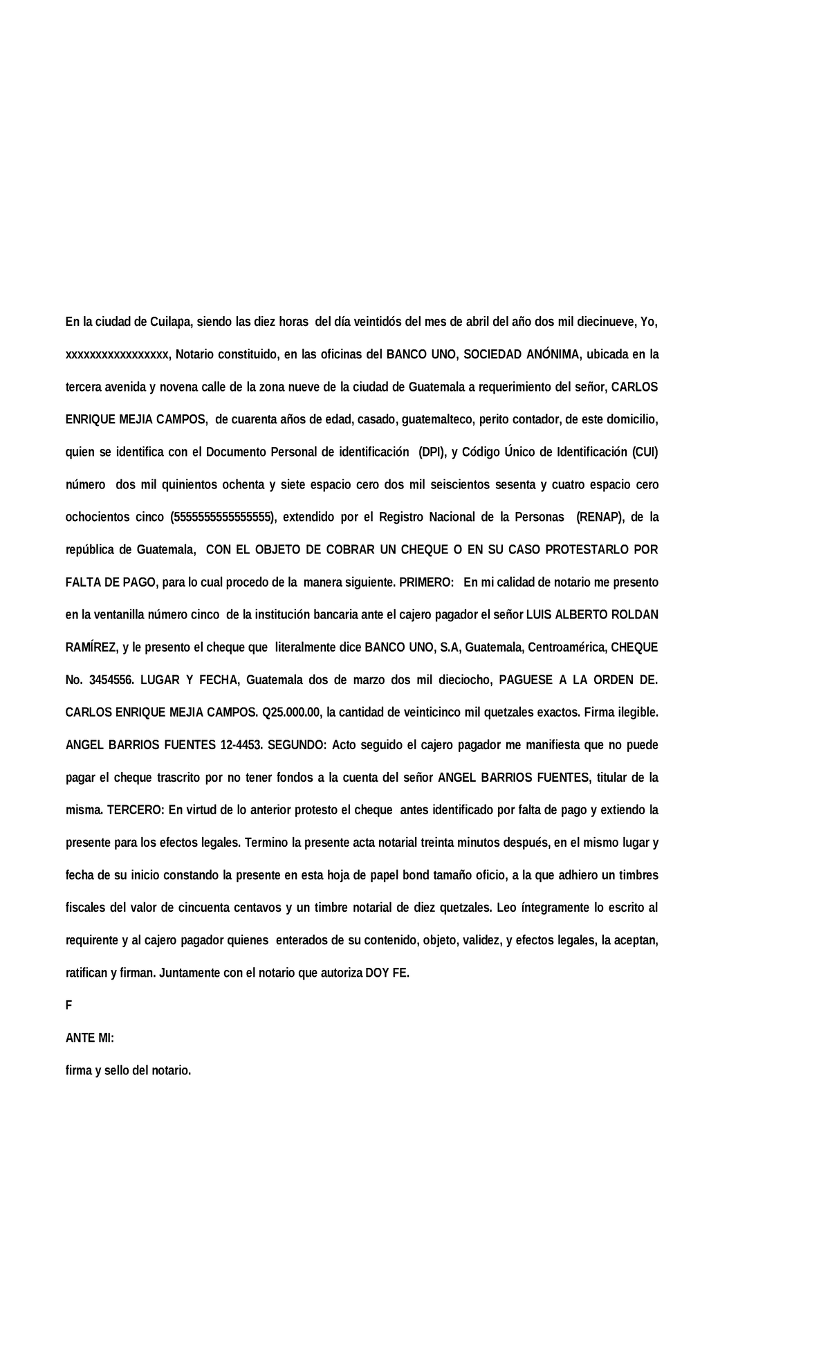 Acta Notarial de Protesto de Cheque - 5. Cuilapa, 2019 - Studocu