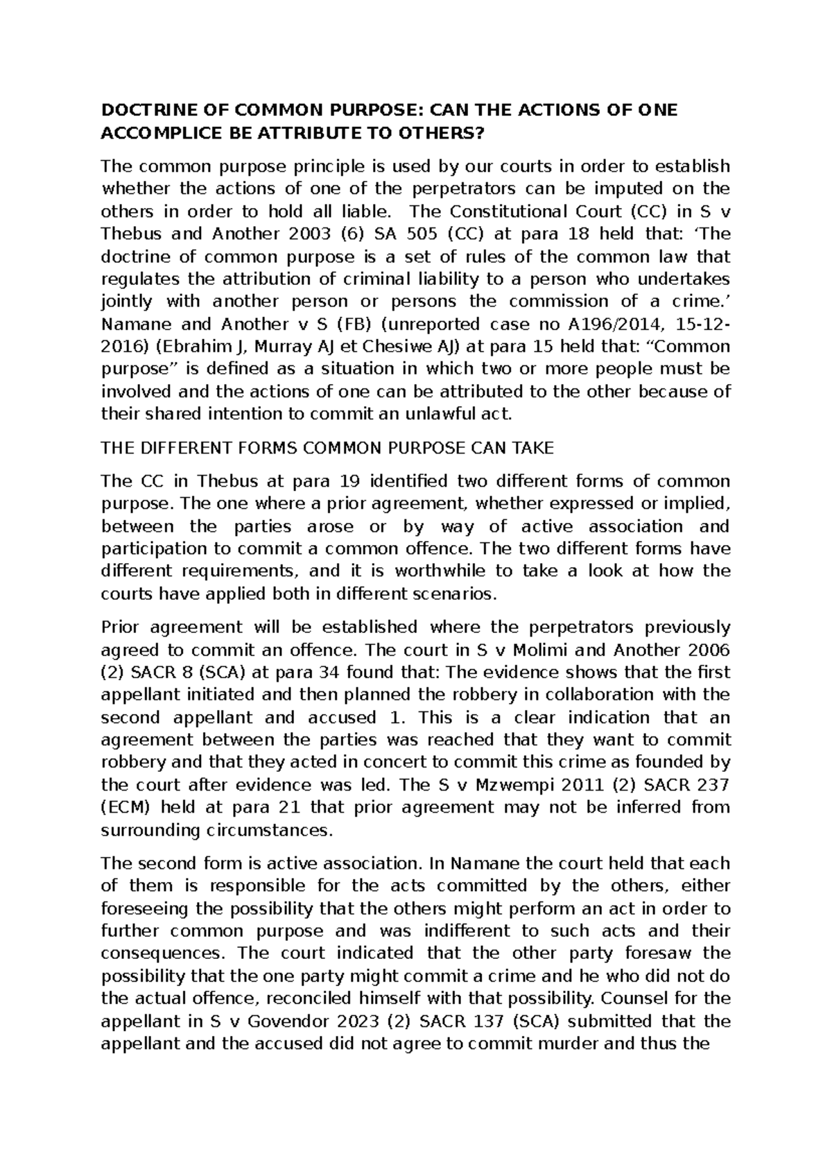 Doctrine of Common Purpose: Implications of Accomplice Liability - Studocu