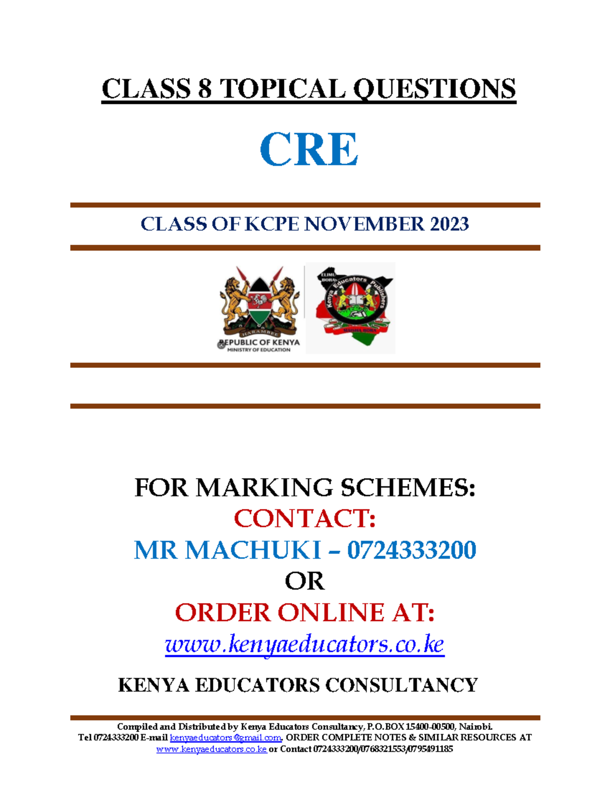 Class 8 CRE Topical Questions & Answers for KCPE Nov 2023 - Studocu