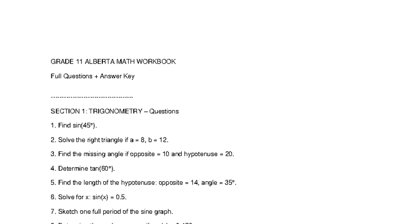 GRADE 11 MATH WORKBOOK: TRIGONOMETRY & QUADRATIC FUNCTIONS ANSWER KEY ...