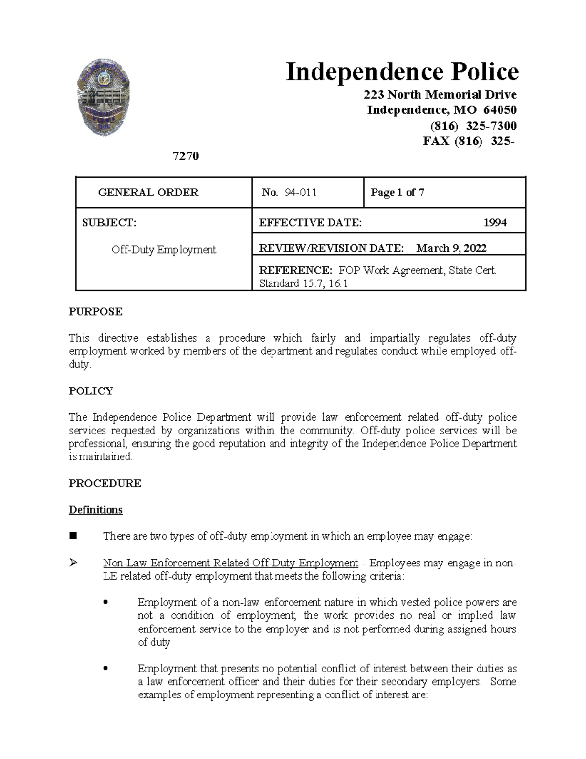 Independence Police General Order 94-011: Guidelines for Off-Duty ...
