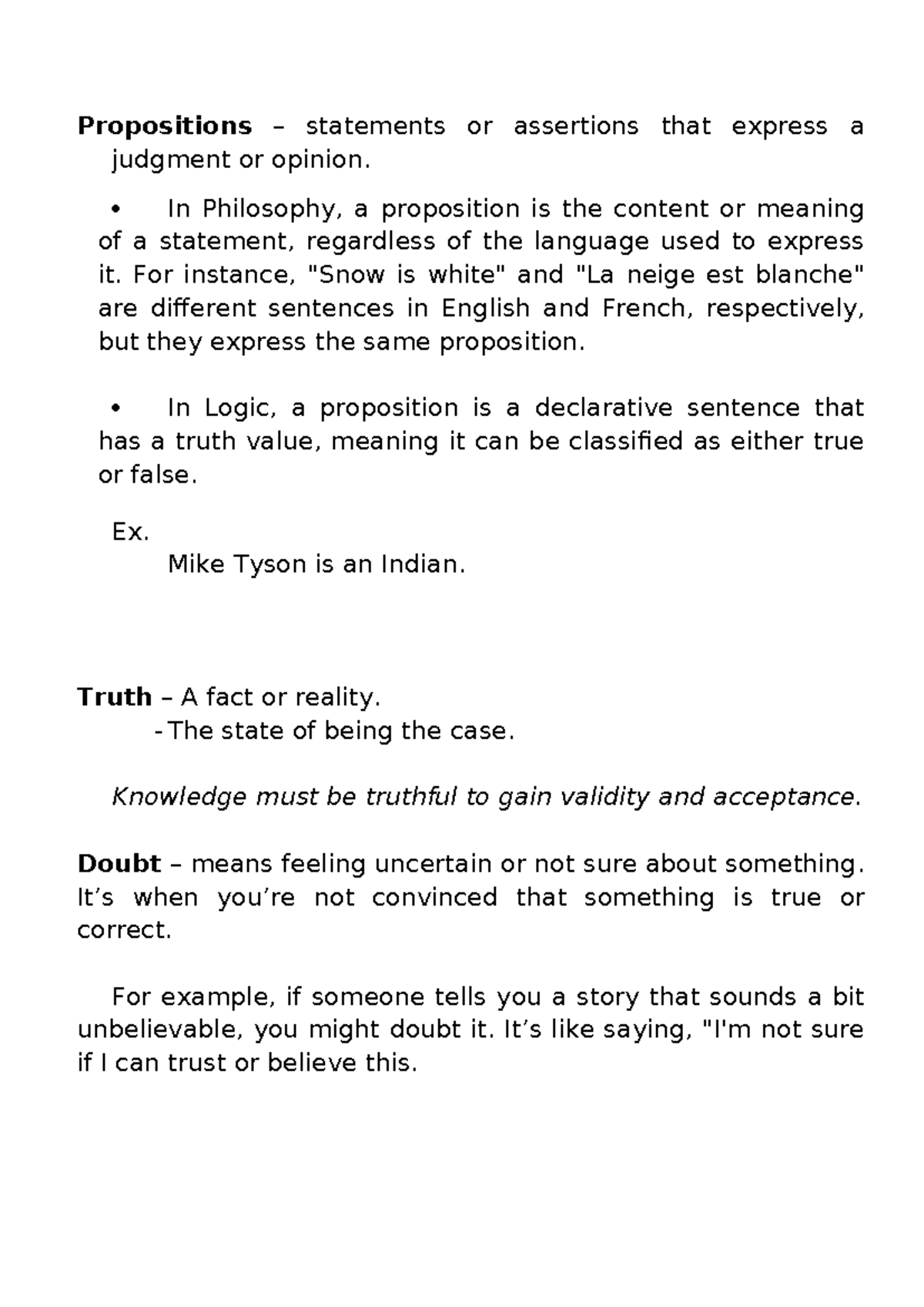 Philosophy Notes: Propositions, Truth, Belief, and Opinion - Studocu