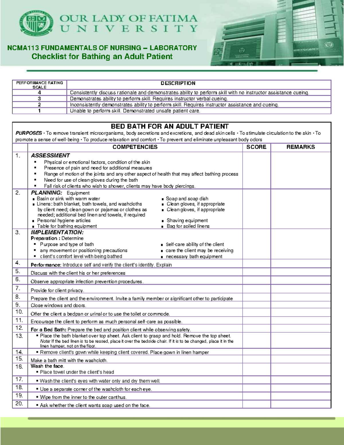 NCMA113-Checklist-for-Bathing-an-Adult-Client.v2-2 - PERFORMANCE RATING ...
