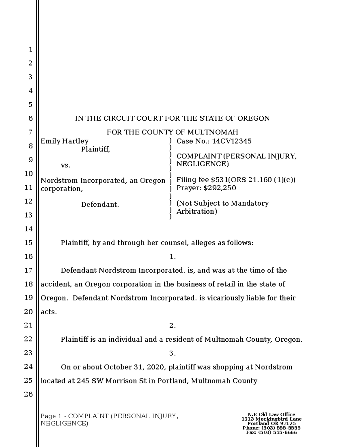 Complaint Example - Personal Injury Case Against Nordstrom Inc. - Studocu