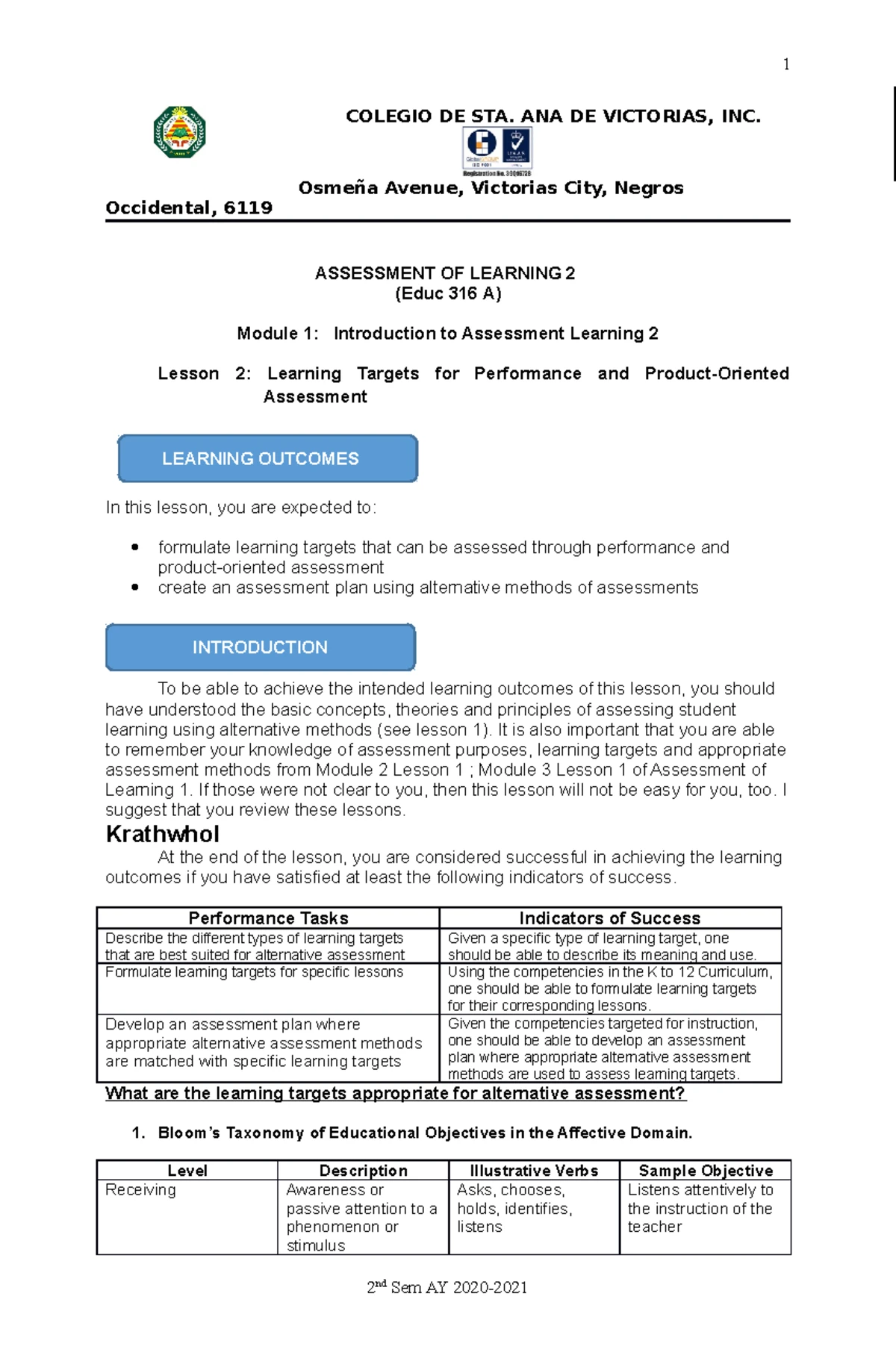 Module 1 Lesson 2 Assessment Purposes Learning Targets and Appropriate ...