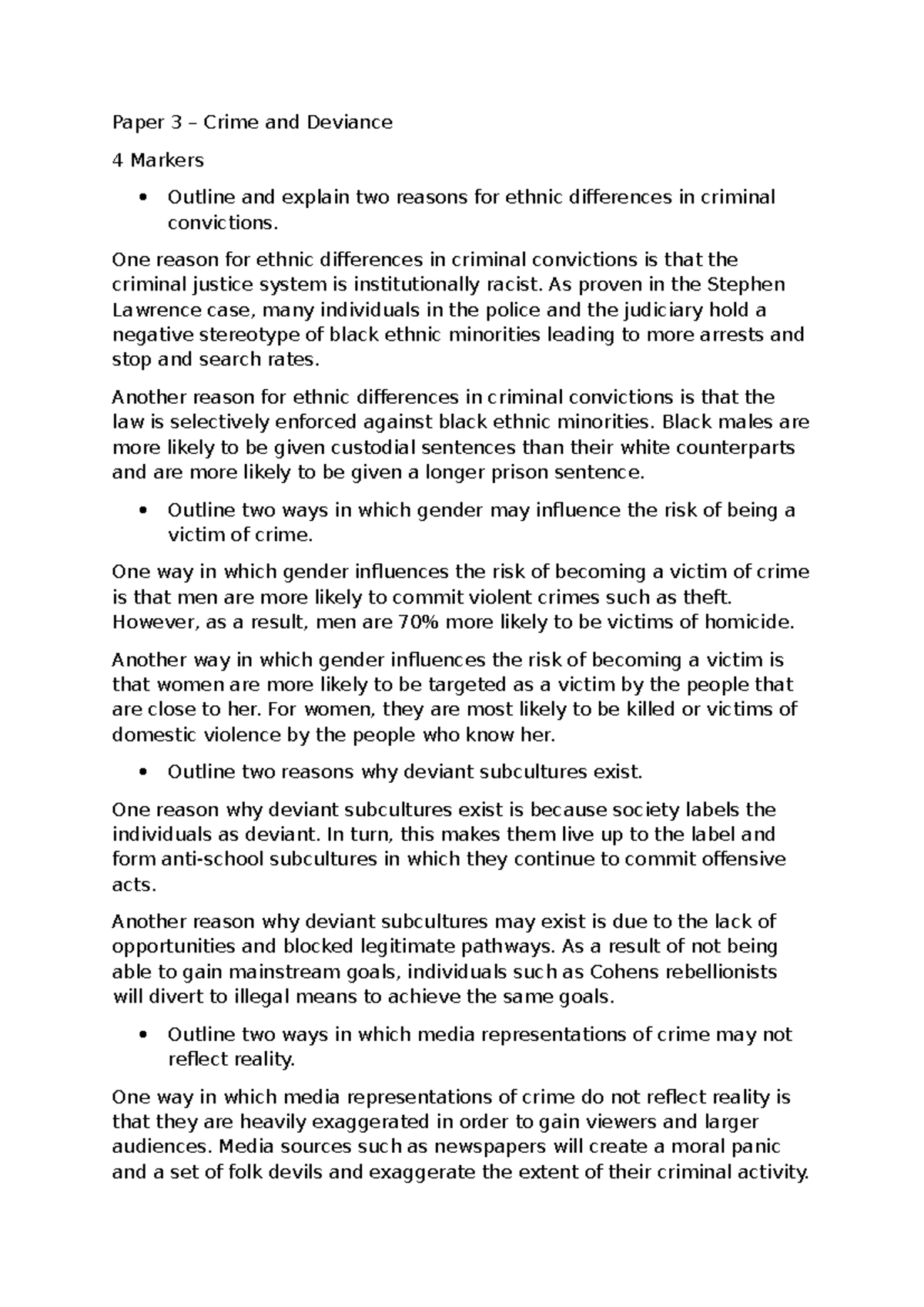 Sociology Crime & Deviance: 4 & 6 Markers Explained - Studocu