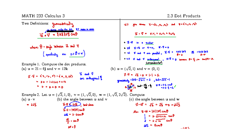 MATH 233 Calculus 3: Geometric Dot Products & Projections - Studocu