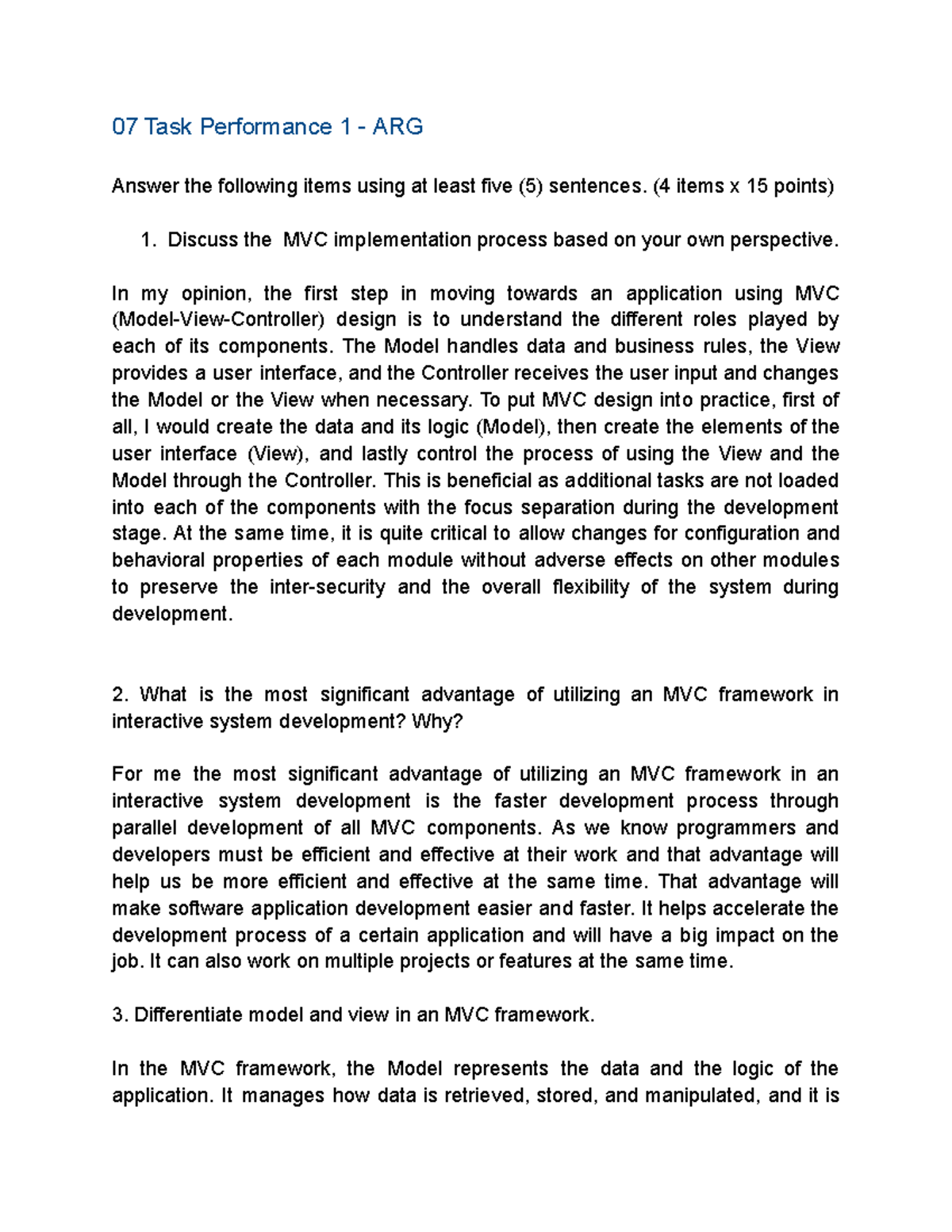 07 Task Performance 1 - MVC Framework Implementation and Benefits - Studocu