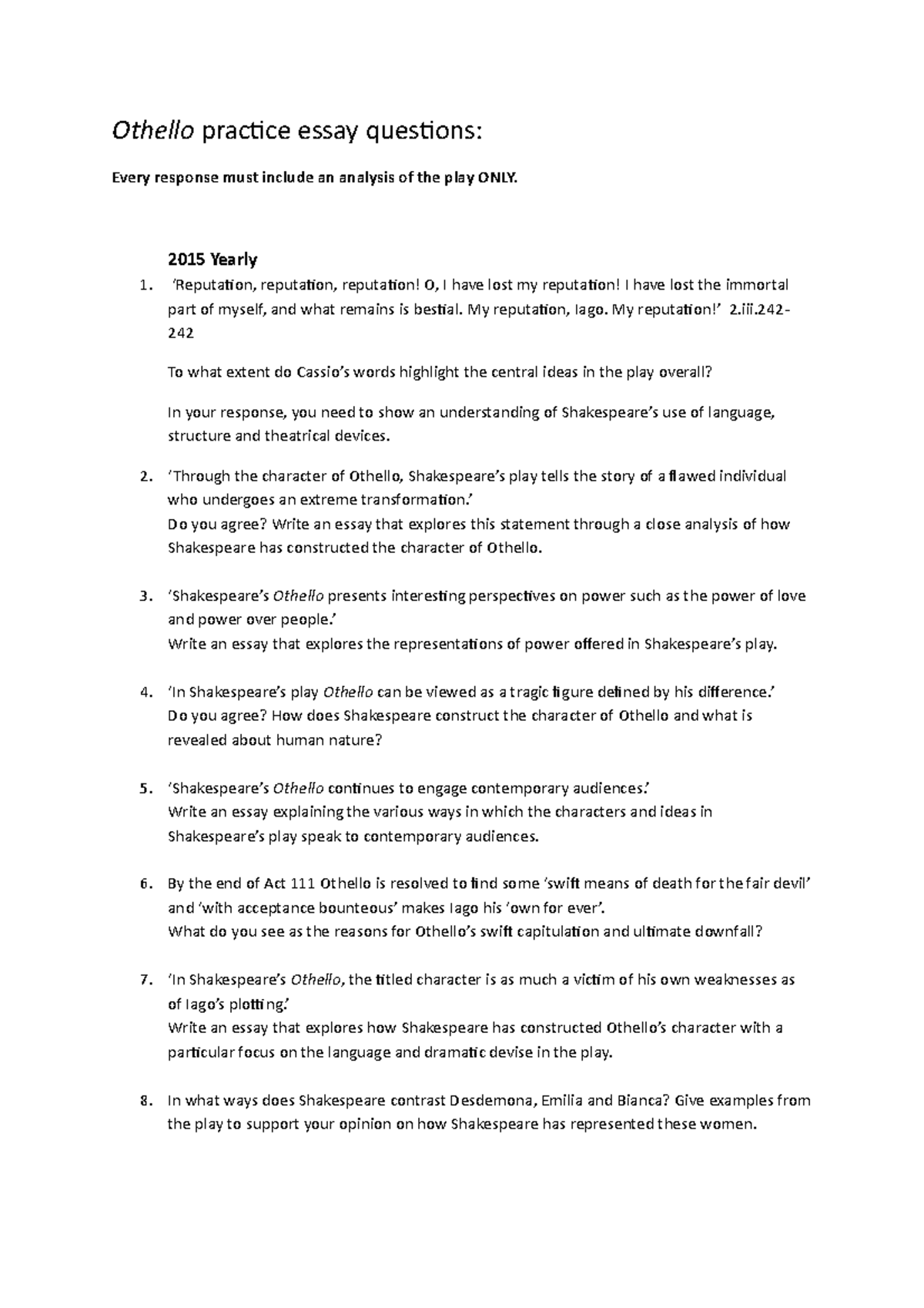 Othello Essay Questions: Analysis and Themes for Exam Preparation - Studocu