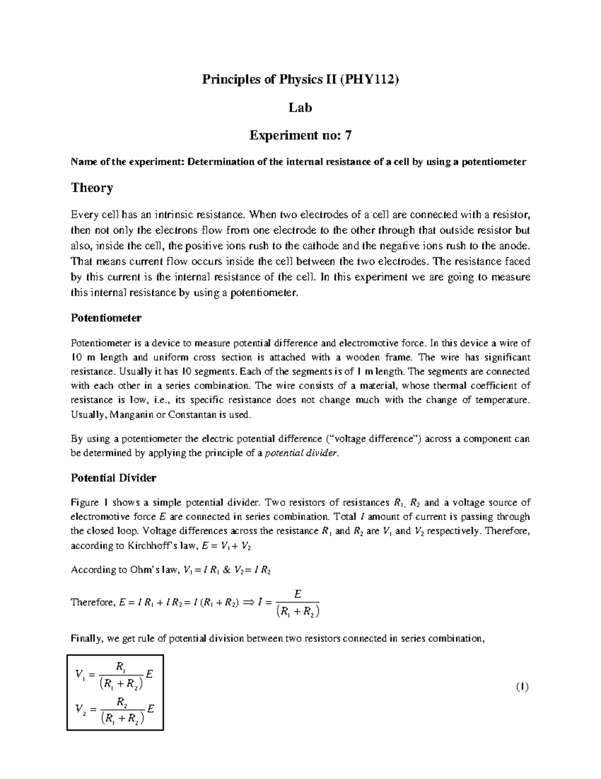 Determination of Internal Resistance using Potentiometer - PHY112 Lab ...