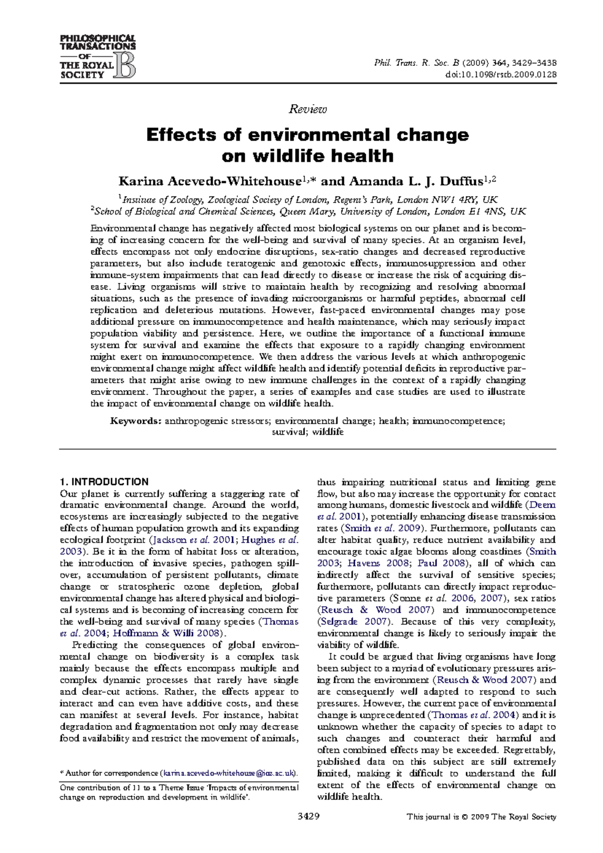 Effects of Environmental Change on Wildlife Health: A Review (Phil ...