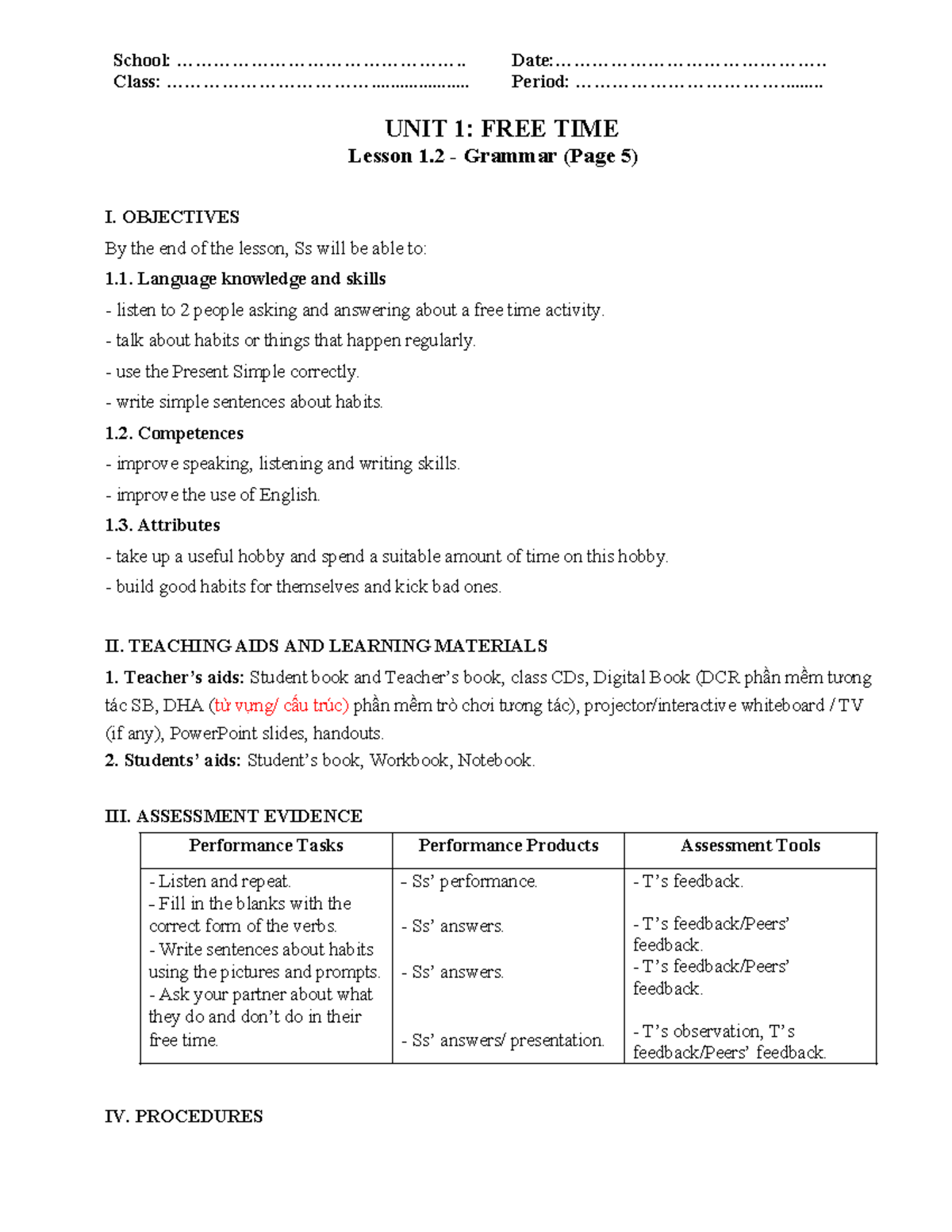 UNIT 1: FREE TIME - Lesson 1.2 Grammar Overview and Activities - Studocu