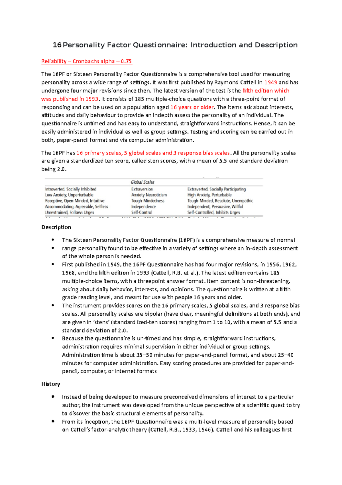 16 PF Questionnaire Overview and Psychometric Properties - Studocu