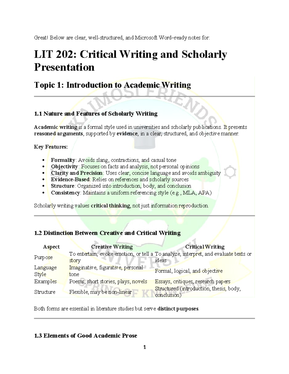LIT 202: Comprehensive Notes on Critical Writing & Scholarly ...