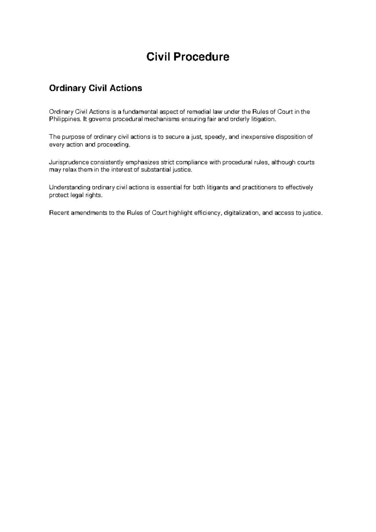 Civil Procedure: Ordinary Civil Actions & Key Concepts - REVIEWER - Studocu