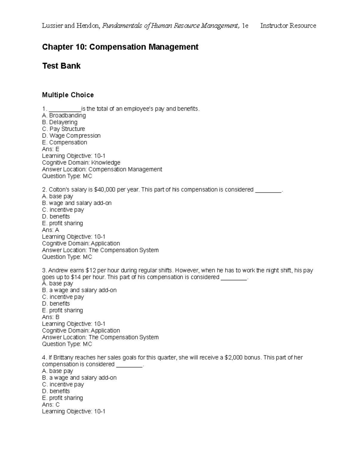Lussier Test Bank 10 - Chapter 10 Compensation Management MCQs - Studocu