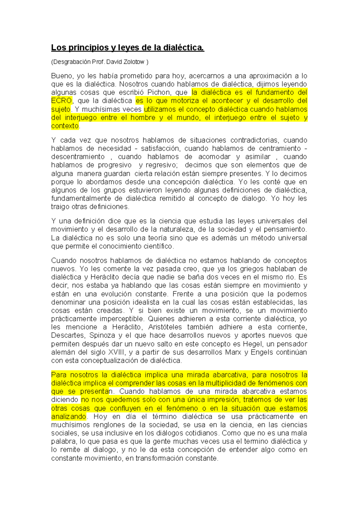 Resumen de los Principios y Leyes de la Dialéctica (Prof. David Zolotow ...