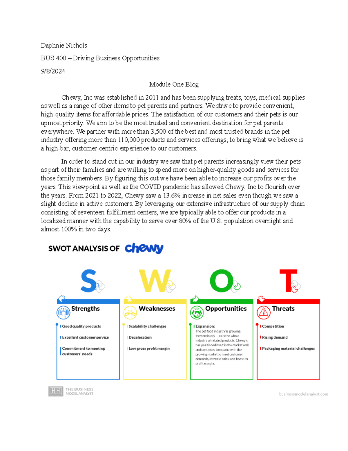 BUS 400 Module One Blog: Chewy, Inc. Business Strategy Insights - Studocu
