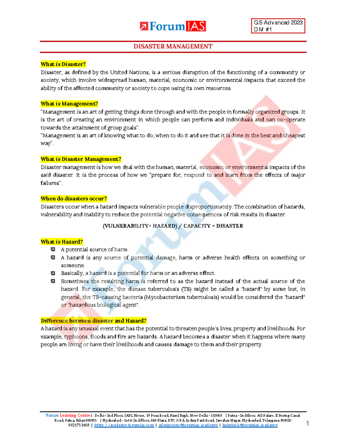 GS Advanced 2023 DM DISASTER MANAGEMENT: Understanding Disasters and ...