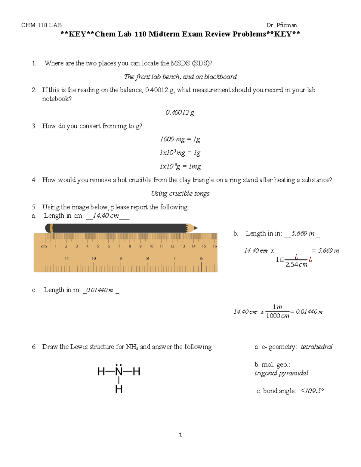 Chem Lab 110 Midterm Exam Review Problems Key and Solutions - Studocu