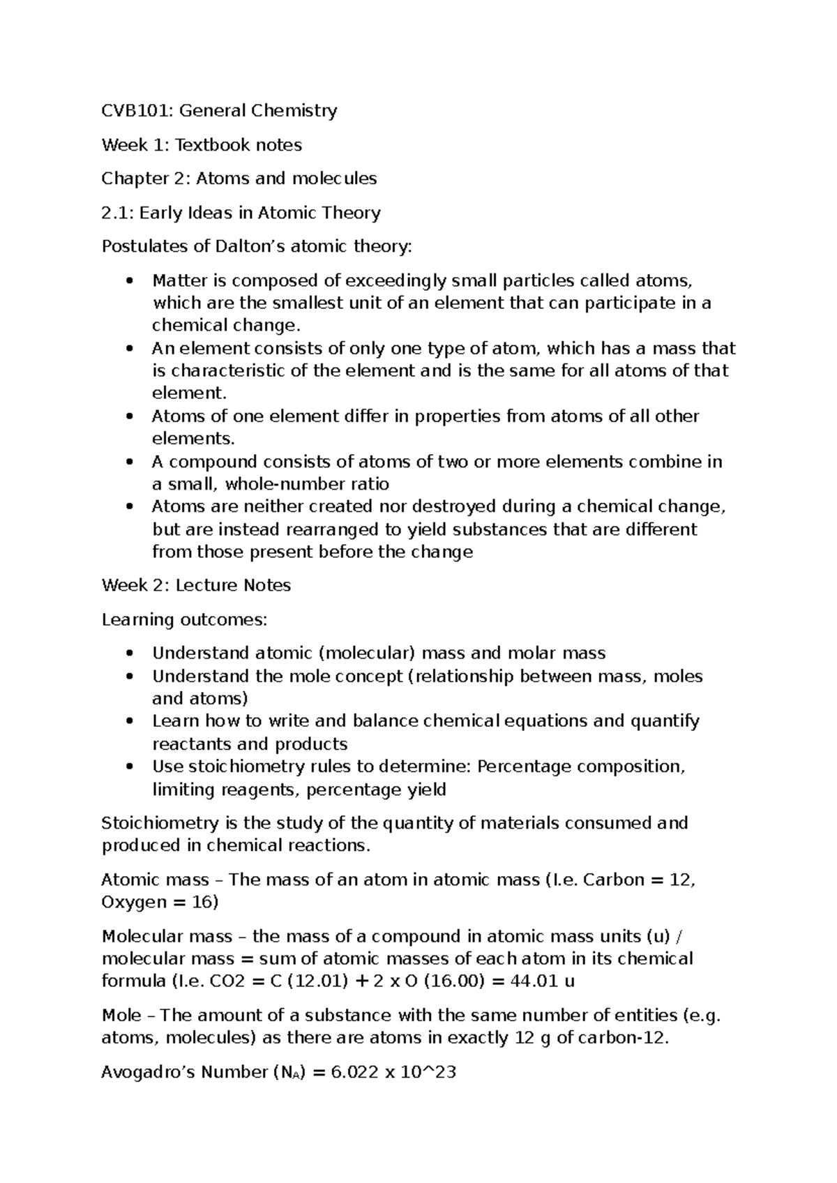 CVB101: General Chemistry Lecture Notes - Week 1 to 3 Overview - Studocu