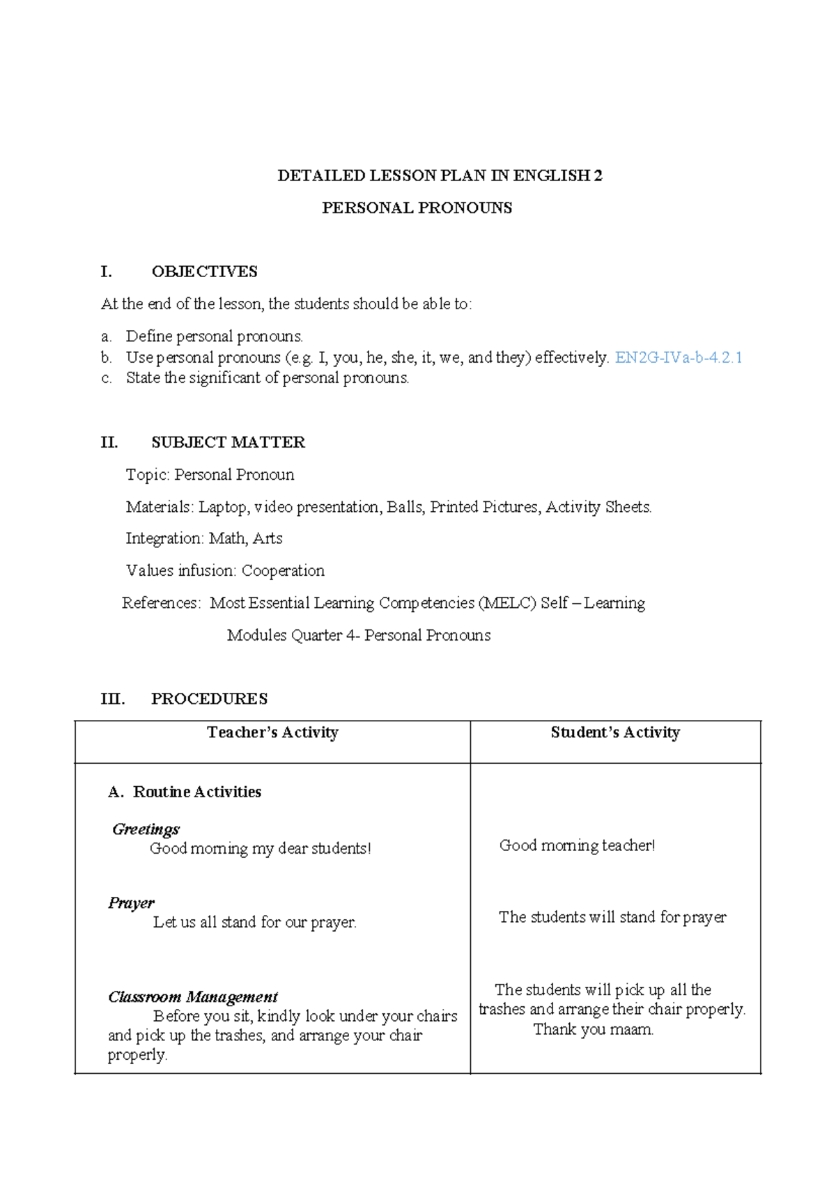 Detailed Lesson Plan EN2G-IVa-b-4.2: Personal Pronouns in English 2 ...