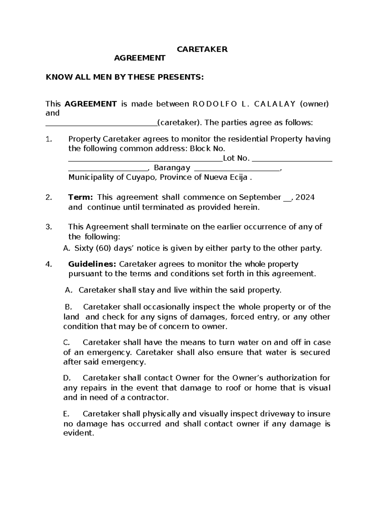 Caretaker Agreement Form for Property Monitoring and Management - Studocu