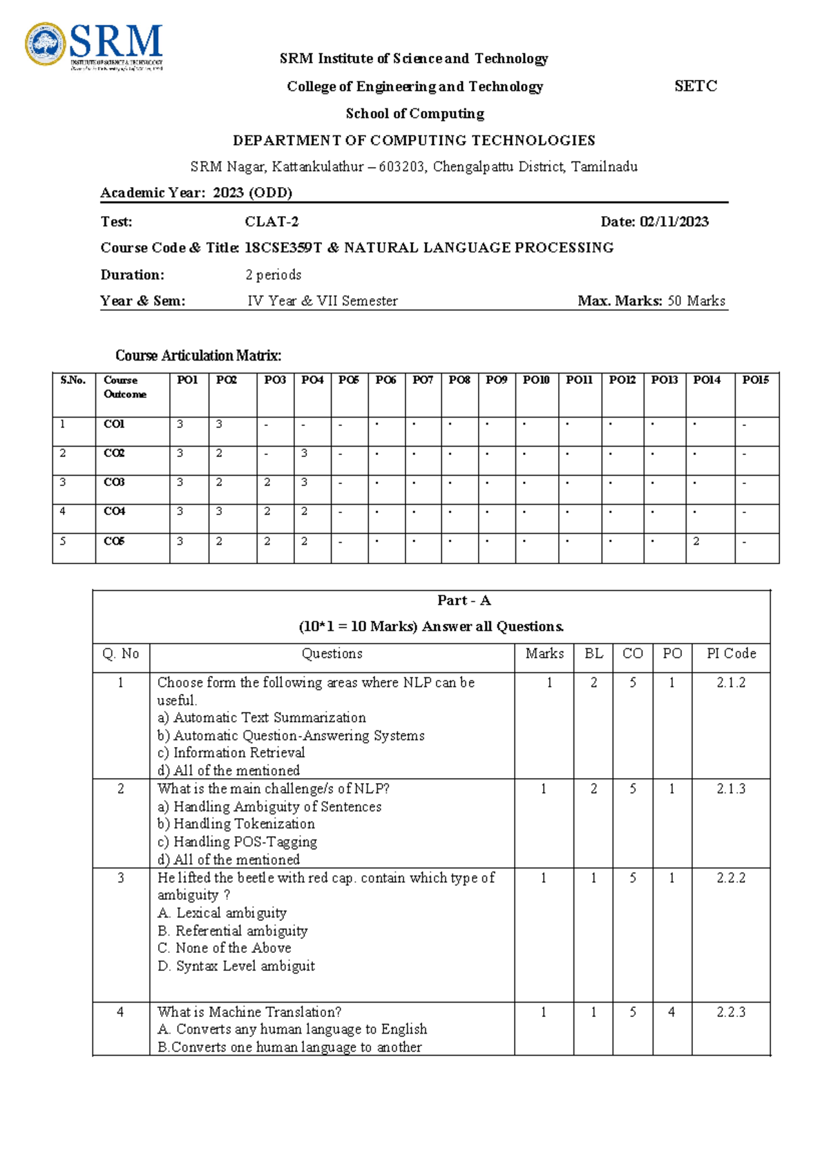 NATURAL LANGUAGE PROCESSING QUESTION PAPER FOR CT 3 OF CHAPTER 4 AND ...