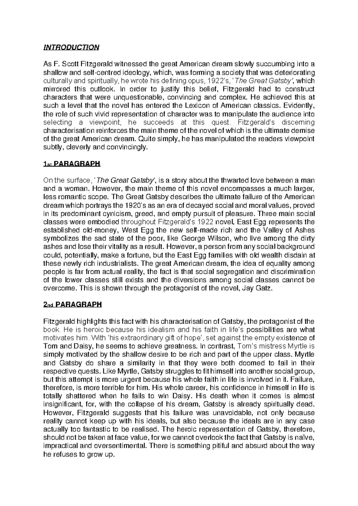 English 'The Great Gatsby' Analysis - INTRODUCTION As F. Scott ...
