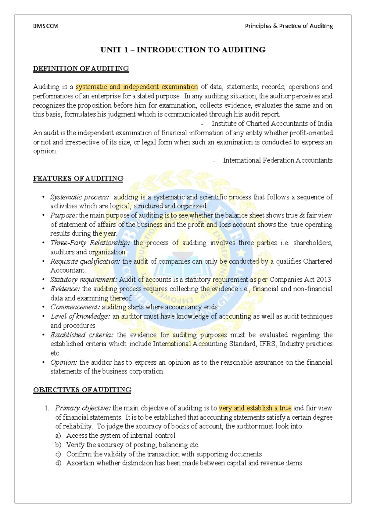 BMSCCM Principles & Practice of Auditing: Unit 1 Overview - Studocu