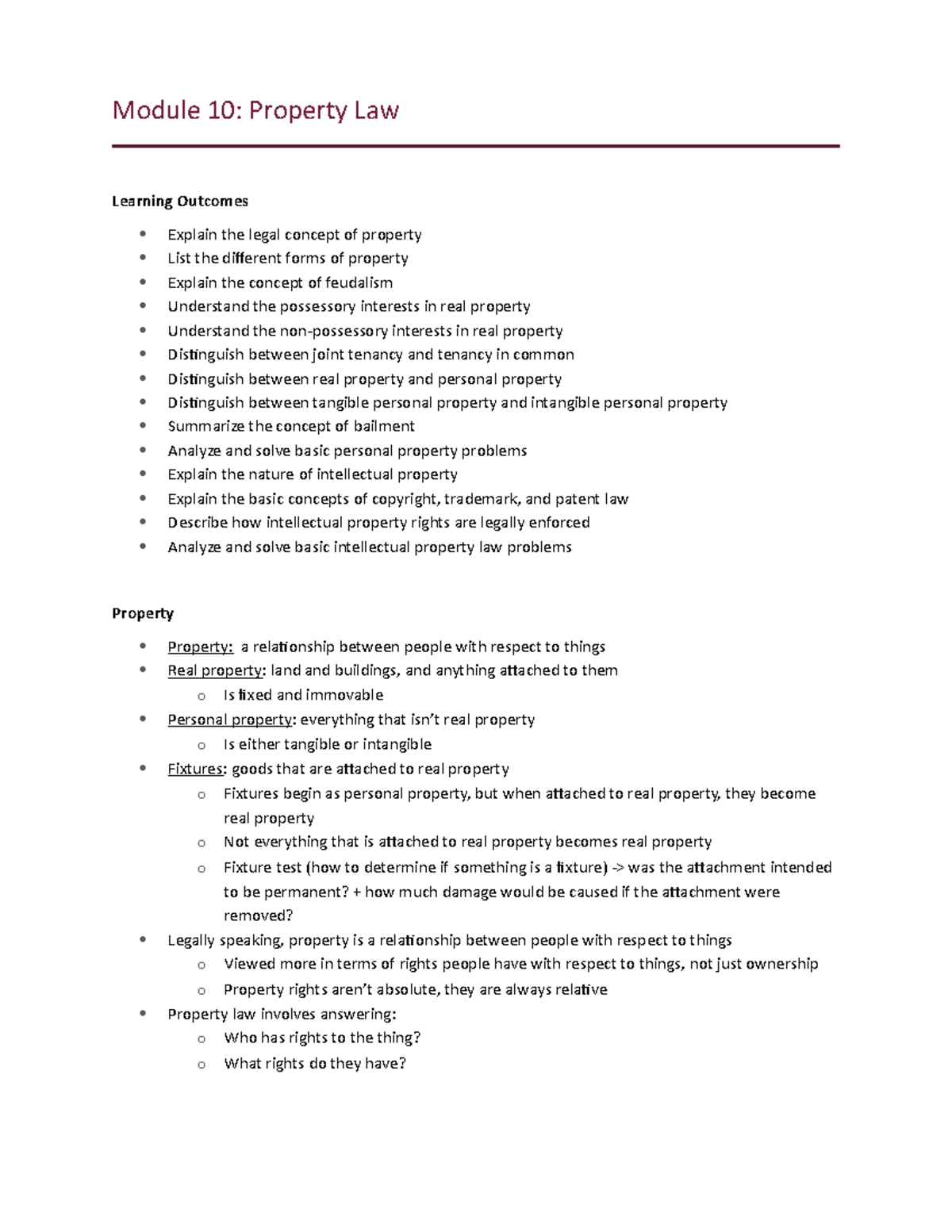 10) Property Law notes - Module 10: Property Law Learning Outcomes ...