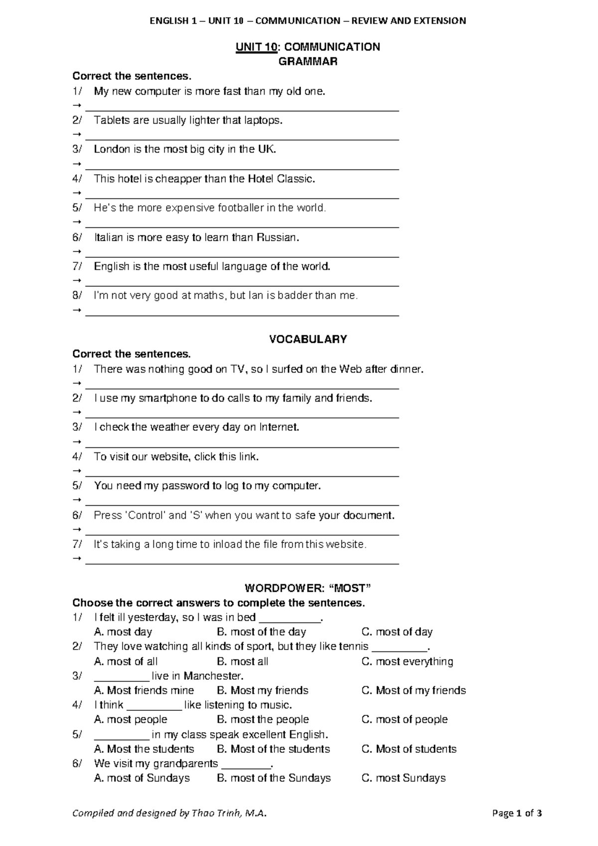 ENG1-U10: Communication Review & Extension - Grammar & Vocabulary - Studocu