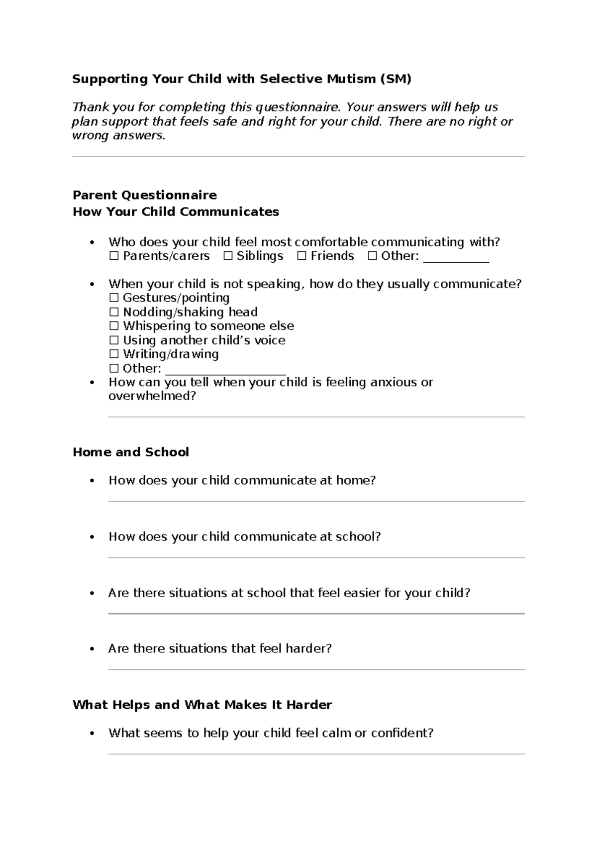 Supporting Your Child with Selective Mutism (SM): Parent Questionnaire ...