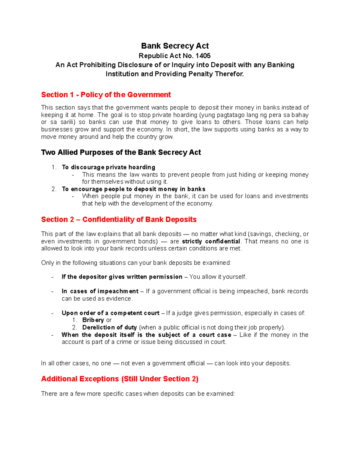 Bank Secrecy Act (R.A. No. 1405): Overview and Key Provisions - Studocu