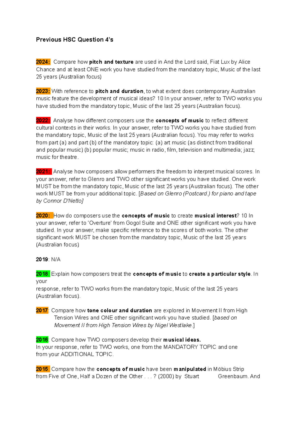 Music 2 Master List Q: HSC Questions on Contemporary Australian Music ...