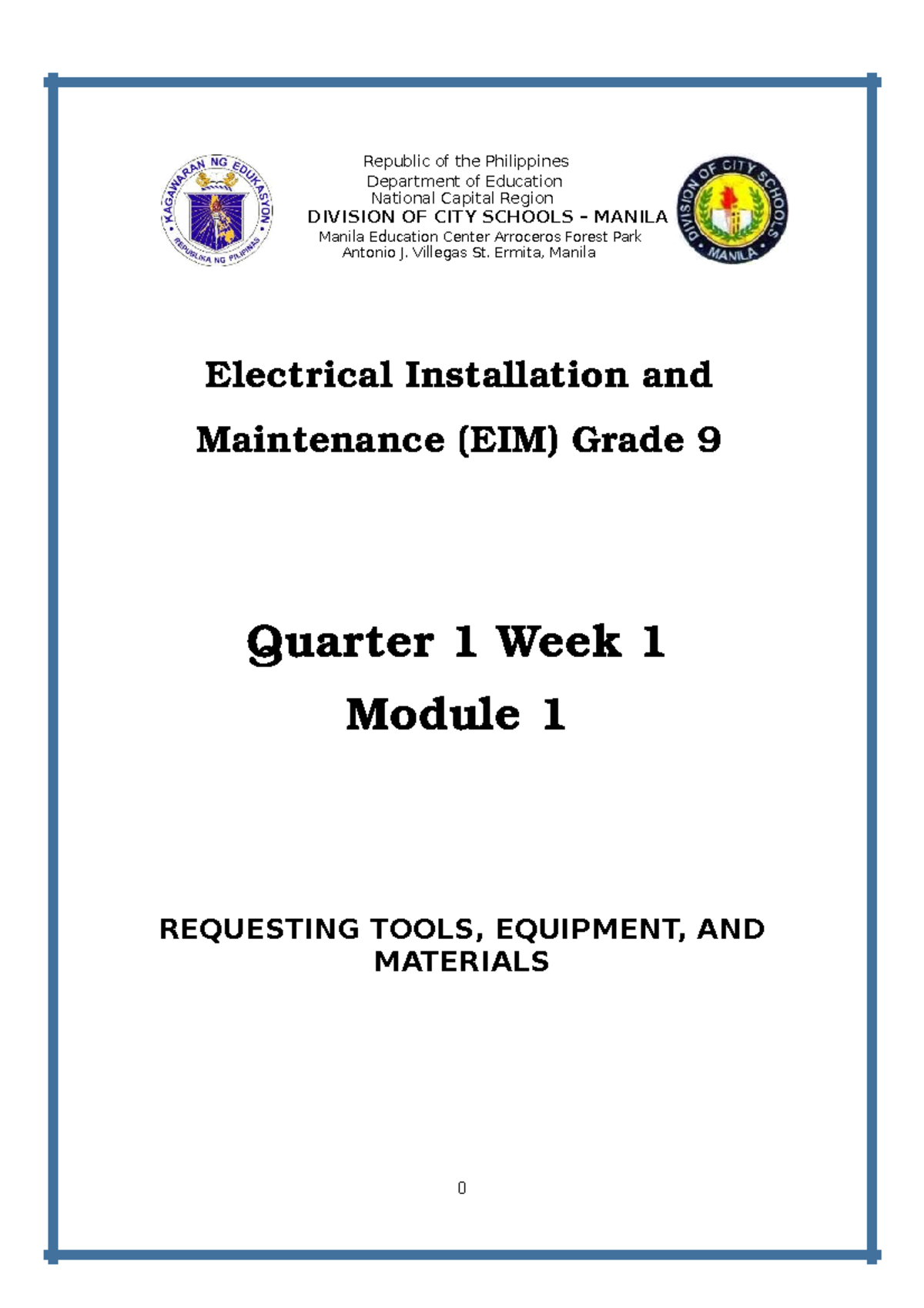 EIM 9 Q1 W1 Module 1 - Tools, Equipment, and Materials Guide - Studocu